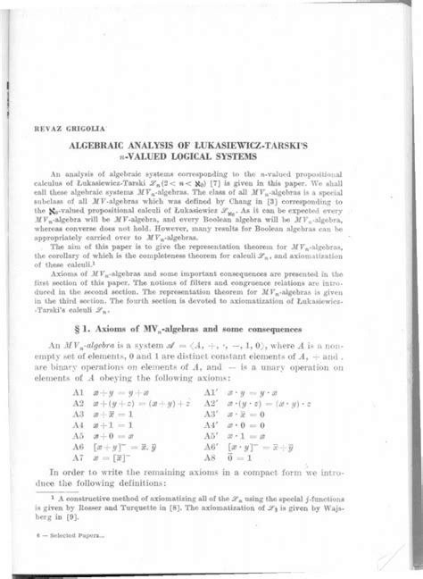 pdf algebraic analysis of lukasiewicz tarski s n valued logical systems