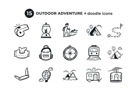 Doodle conjunto de ícones de linha de aventura e ao ar livre caminhadas
