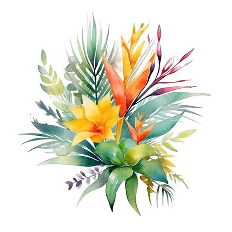 Premium Ai Image Watercolor Tropical Flowers Bouquet Clipart White