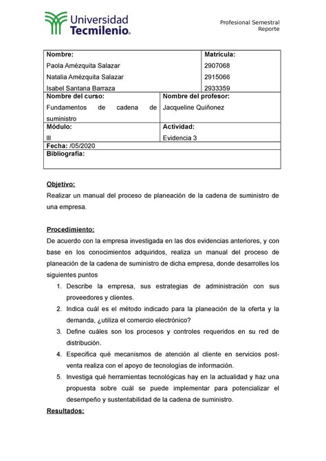 Evidencia 3 Cadena TRABAJO Profesional Semestral Reporte Nombre