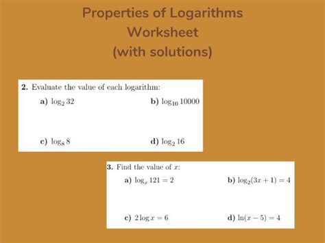 properties laws of logarithms worksheets with solutions teaching resources