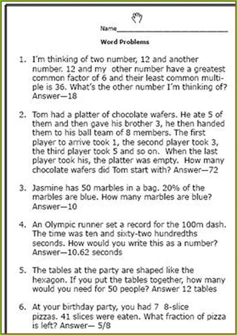 6th Grade Word Problems Worksheets
