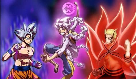 Goku MUI Luffy Gear 5 y Naruto Baryon Mode Ilustración de samurai