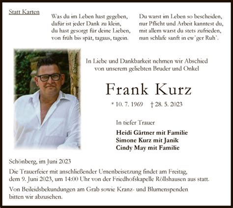 Traueranzeigen Von Frank Kurz Trauer HNA De