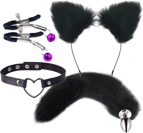 Jixaxe Plug Couples Cosplay With Cute Fluffy Cat Ears Headband Stainless Steel Fox Tail Plug