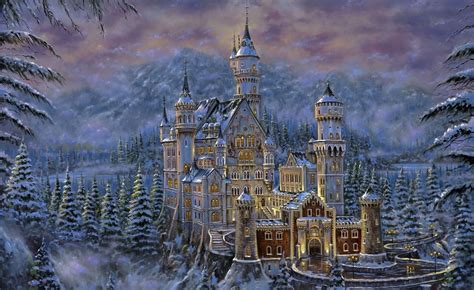 Fantasy Castle Snow Tree Winter Neuschwanstein Castle Painting