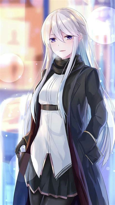 An Anime Character With Long White Hair And Black Clothes Standing In