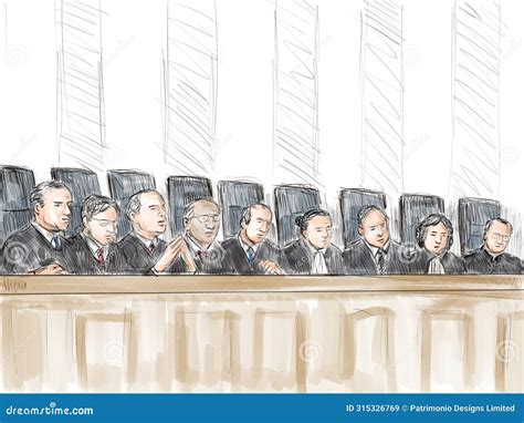 Courtroom Trial Sketch Showing A Judge Sitting On Bench Inside Court Of