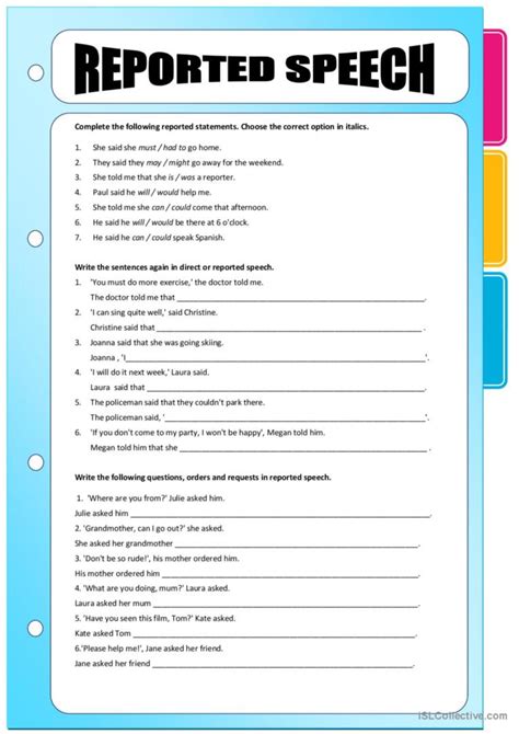 Reported Speech Exercises English ESL Worksheets Pdf Doc