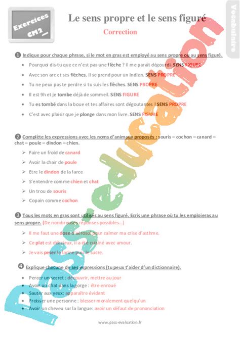 Bilan au CM2 sur le sens propre et le sens figuré Evaluation avec la