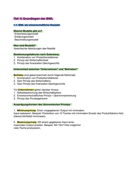 Gesamtzusammenfassung BWL 1a Grundlagen Der BWL Teil 1