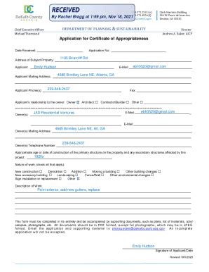 Fillable Online Application For Certificate Of Appropriateness By
