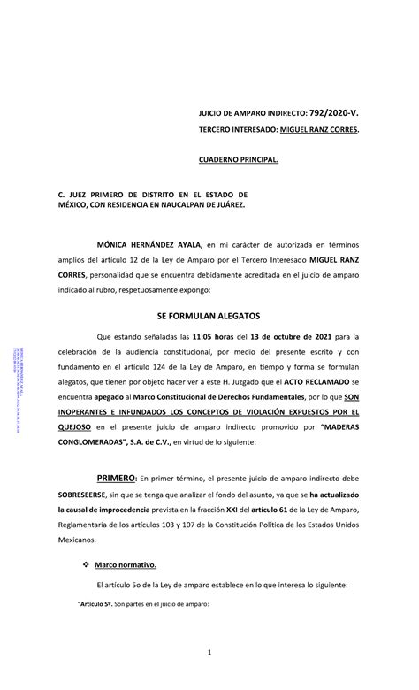 Escrito De Alegatos En Amparo Indirecto JUICIO DE AMPARO INDIRECTO