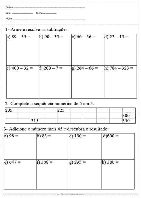 Atividades De Matem Tica Para Imprimir Ler E Aprender