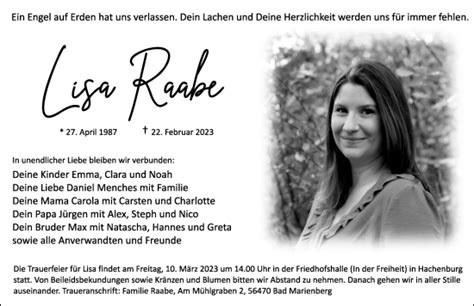 Traueranzeigen Von Lisa Raabe Rz Trauer De