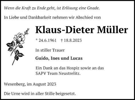 Traueranzeigen von Klaus Dieter Müller Trauer Nordkurier