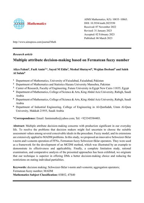 pdf multiple attribute decision making based on fermatean fuzzy number
