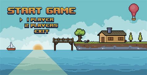 Pixel Art Adventure Game Menu With Sea Island House Tree Deck 8 Bit