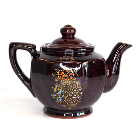 Vintage Brown Betty Redware Teapot Moriage Enamel Hand Painted Etsy