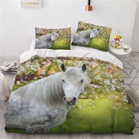 Parure De Lit 3 Pièces Pour 1 Personnes Fleur Arbre Cheval Blanc