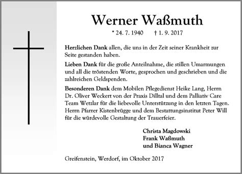Traueranzeigen von Werner Waßmuth vrm trauer de