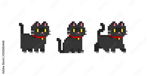 Black Cat Or Kitten In Pixel Art Isolated Vector Cute Kawaii Style