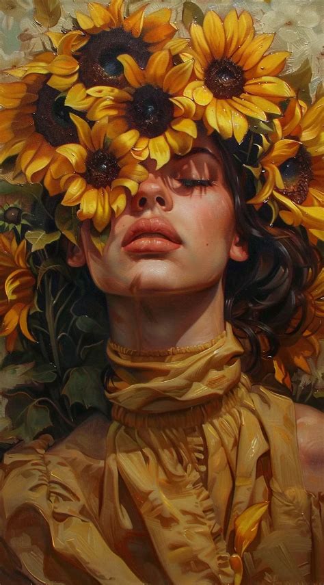 A Painting Of A Woman With Sunflowers On Her Head In 2024 Portrait