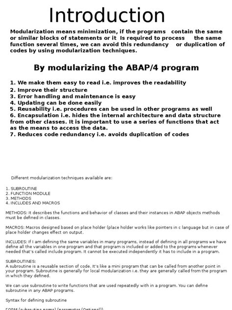 by modularizing the abap 4 program pdf subroutine parameter computer programming