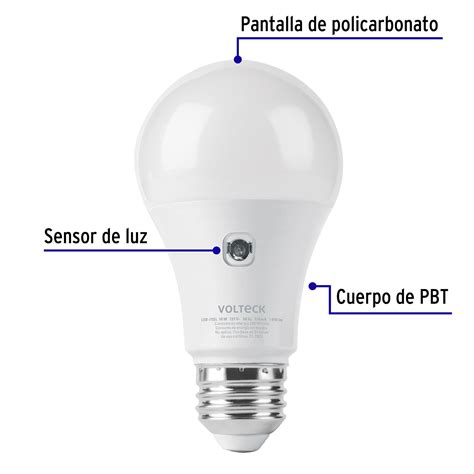 Ficha Tecnica Lámpara LED tipo bulbo A19 10 W con sensor de luz Volteck