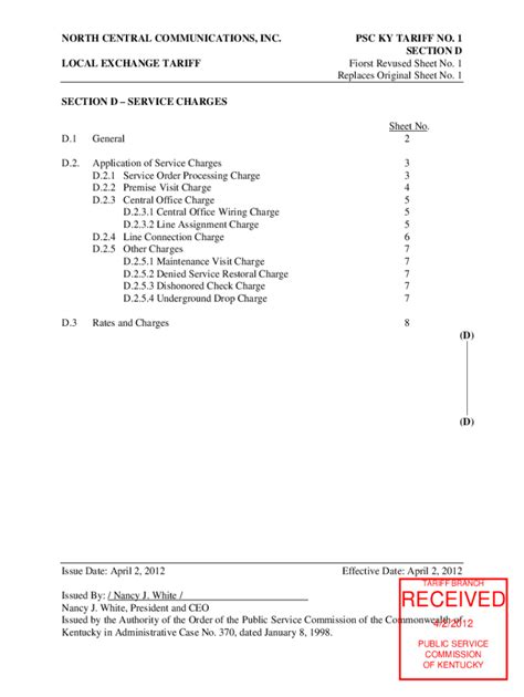 Fillable Online Psc State Ky RATE SHEET TABLE OF CONTENTS PDF Free