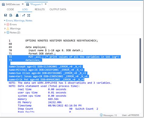 how to print data values into the sas log learn sas code