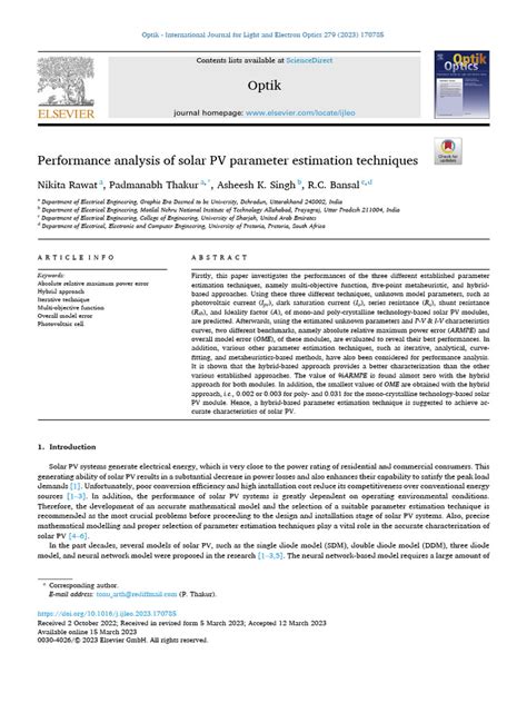 performance analysis of solar pv parameter pdf mathematical optimization applied mathematics