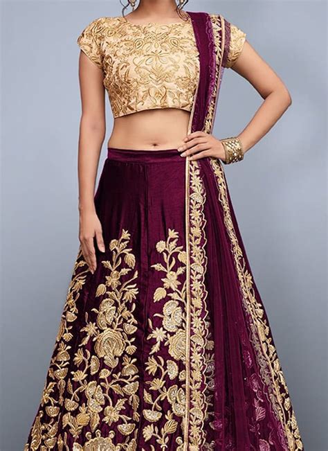 Shop Wine Velvet Embroidered N Sequins Umbrella Lehenga Party Wear