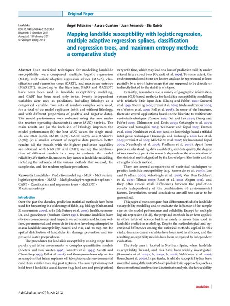 pdf mapping landslide susceptibility with logistic regression multiple adaptive regression