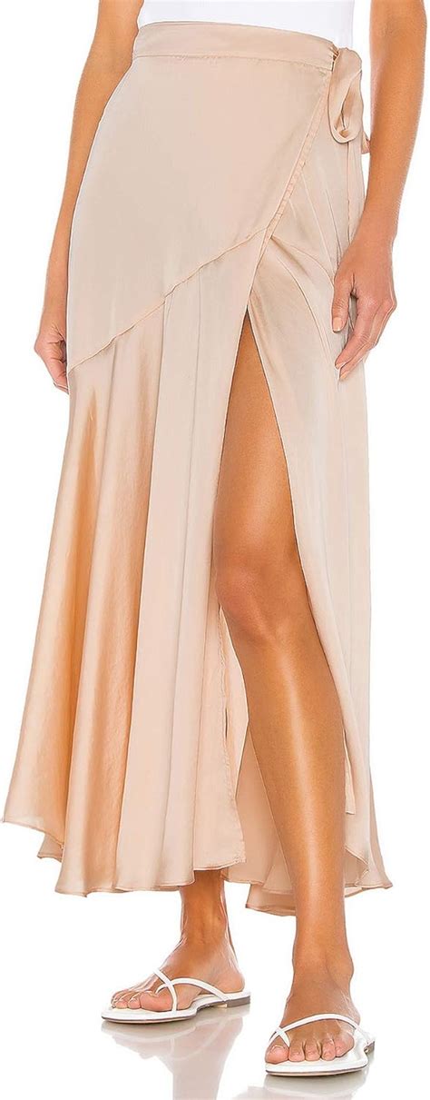R Vivimos Womens Sexy Side Slit Maxi Skirt Satin High Waist Irregular