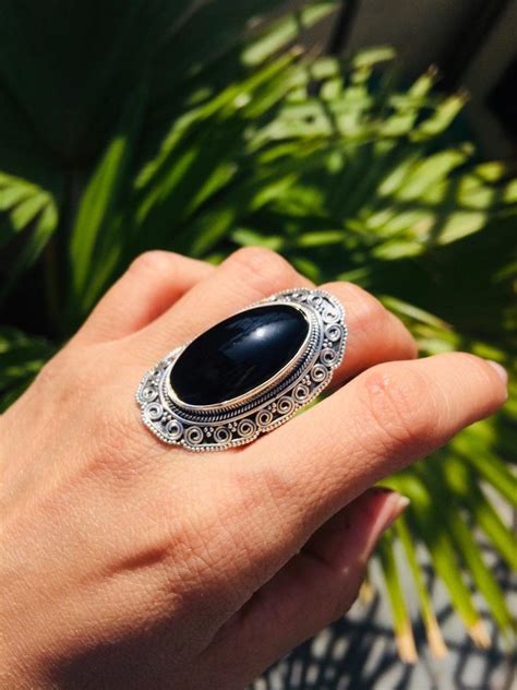 Black Onyx Gemstone Sterling Silver Statement Ring Cabr