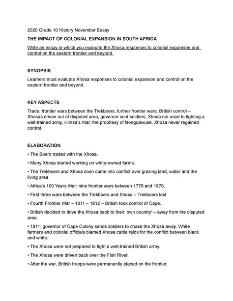 THE Impact OF Colonial Expansion IN South Africa Grade 10 History