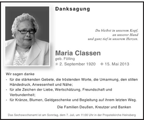 Traueranzeigen Von Maria Classen Aachen Gedenkt