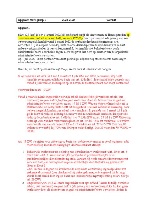 AR 2022 Opg Wg 7 Werkgroep Uitwerkingen Arbeidsrecht Week 7 Opgaven