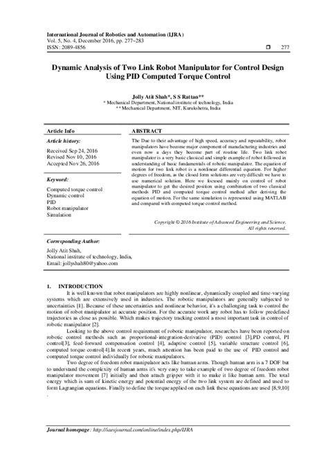 pdf dynamic analysis of two link robot manipulator for control design using pid computed