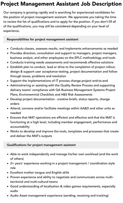 Project Management Assistant Job Description Velvet Jobs
