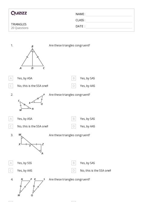Congruent Triangles Sss Sas And Asa Worksheets For Th Class