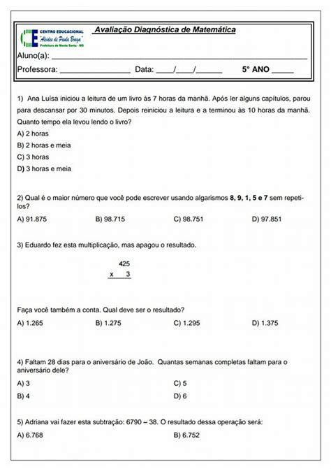 Avaliacao Diagnostica De Matematica 5º Ano Pdf Mobile Legends