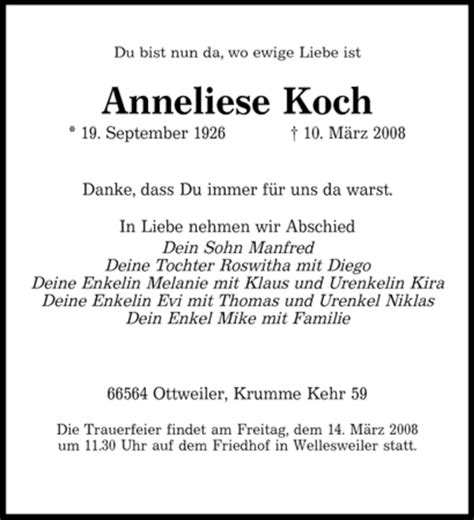 Traueranzeigen Von Anneliese Koch Saarbruecker Zeitung Trauer De