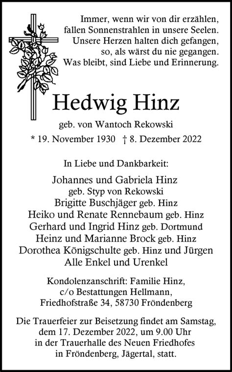 Traueranzeigen Von Hedwig Hinz Sich Erinnern De