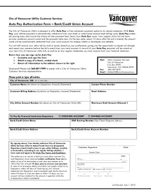 Fillable Online Auto Pay Authorization Form Vancouver Washington Fax