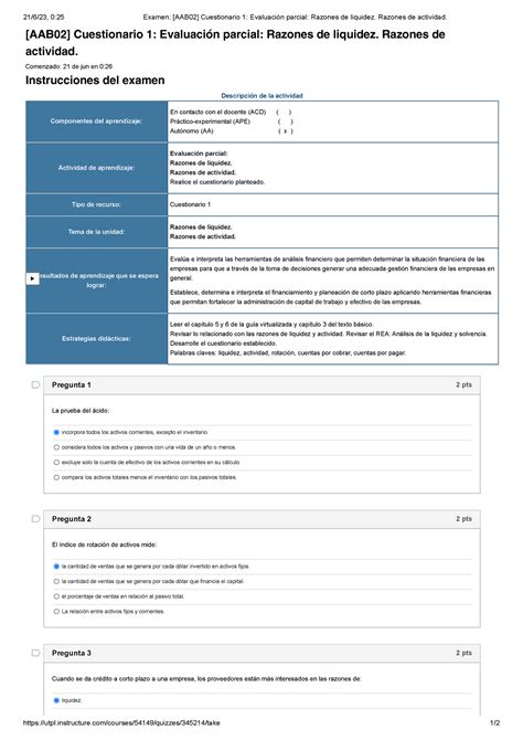 Examen Aab Cuestionario Evaluaci N Parcial Razones De Liquidez