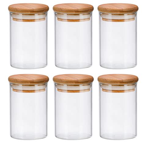 Kit 6 Potes Vidro herméticos Redondo 300ml Tampa De Bambu porta