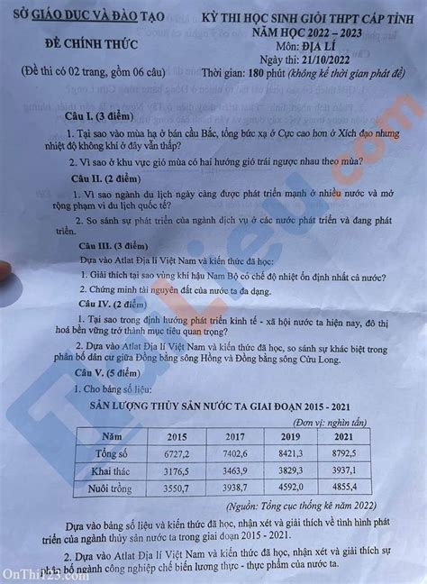 Đề thi HSG Địa lí 12 tỉnh Bình Dương 2022 2023 Ôn thi 123