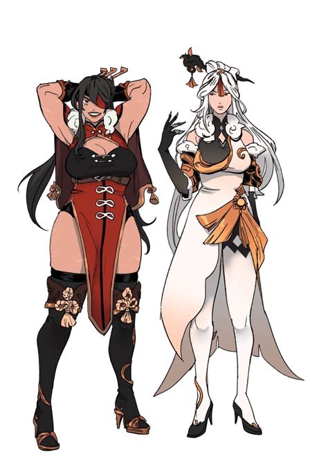 Two Women In Costume Standing Next To Each Other With Their Hands On